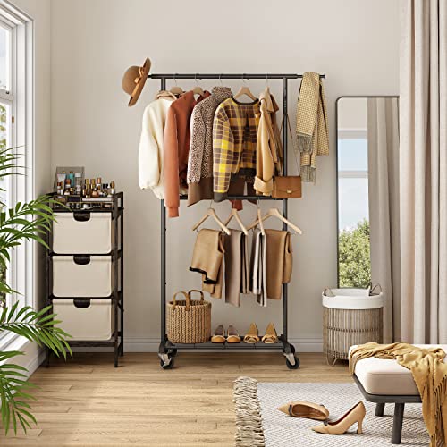 Gewudraw Clothing Garment Rack, Extendable Clothes Rack with Wheels, Bottom Shelves and Hooks, Double Rod Garment Rack Portable Closet Organizer, 64.4 inches