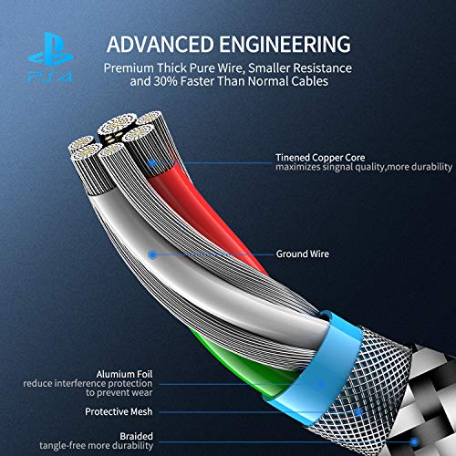 PS4 Controller Long Charger Cable β 2 Pack 10FT Nylon Braided Micro USB Charging Play Cord Data Sync Wire with Flush Fit Connector for Playstation 4 Accessories