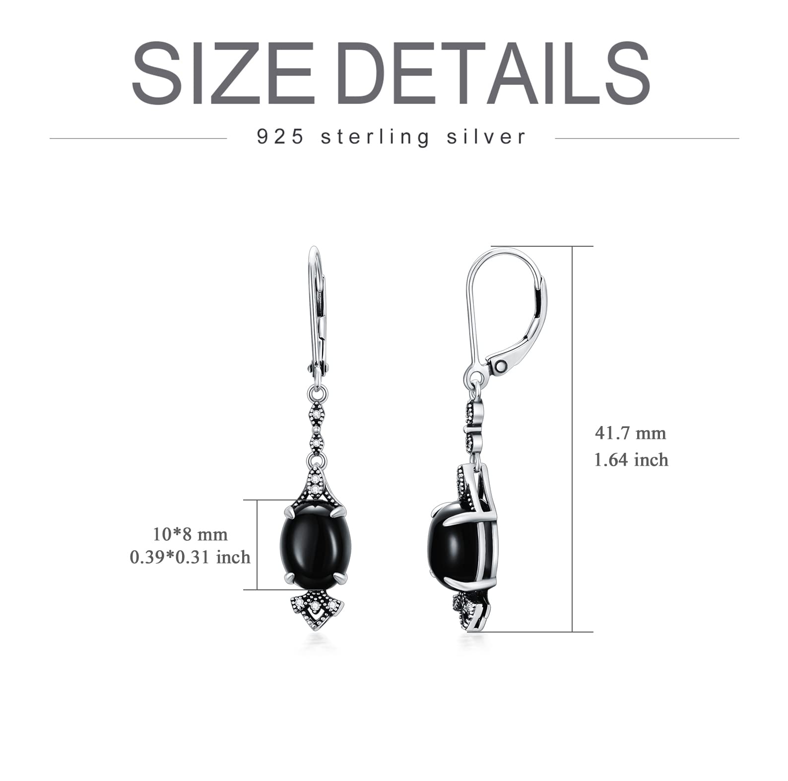 Black Onyx Earrings 925 Sterling Silver Gothic Vintage Oval 10mm Stone Dangle Drop Leverback Earrings for Women