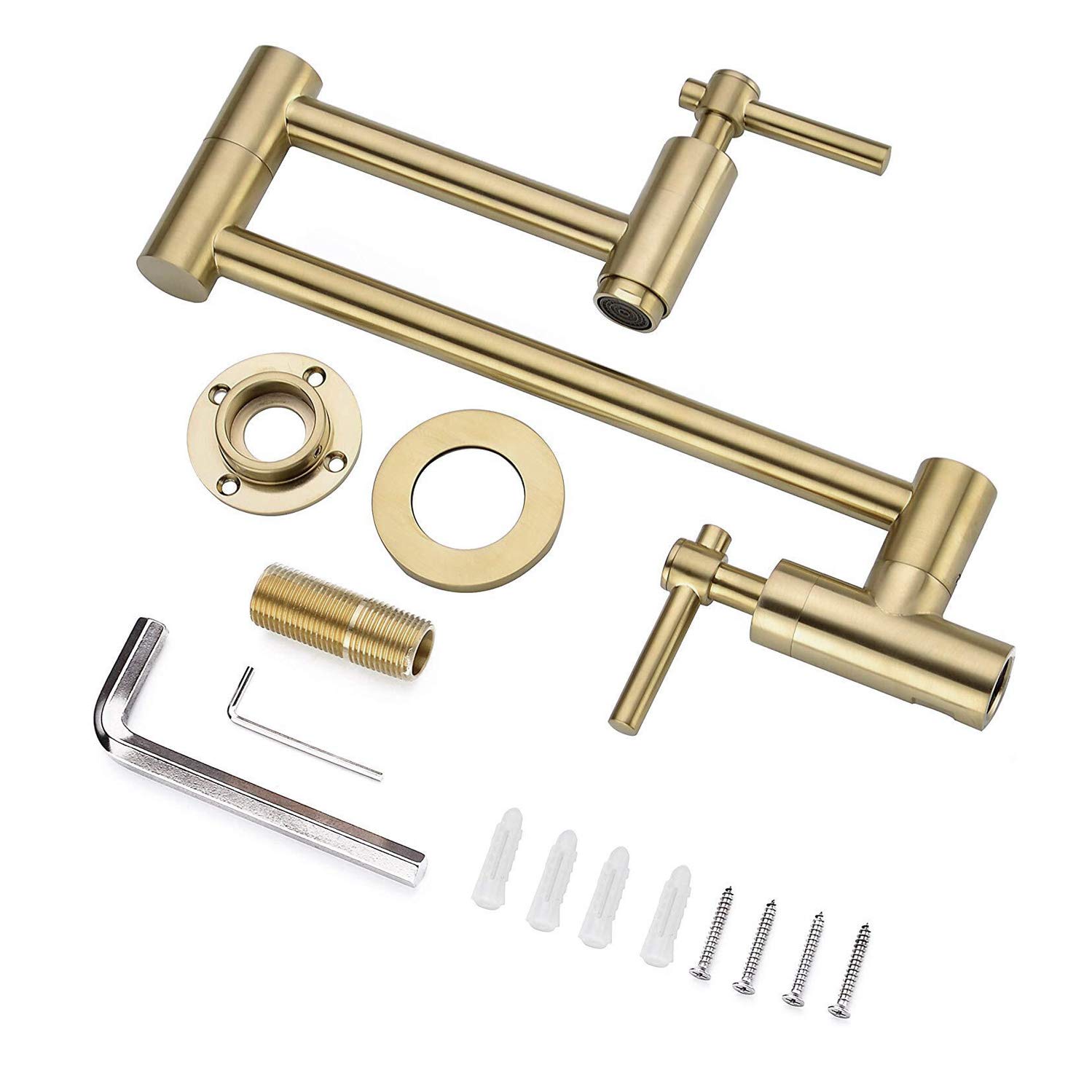 BZOOSIU Brushed Gold Pot Filler Faucet, Solid Brass Double Joint Swing Arms Folding Faucet, Single Hole Two Handles Wall Mount Kitchen Faucet