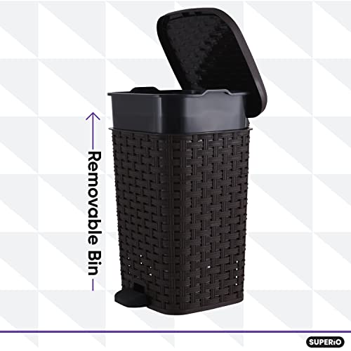 Superio Wicker Step On Trash Can with Foot Pedal โ Outdoor and Indoor Brown 12 qt Trash Can, Waste Basket for Bathroom, Kitchen, Office, Patio, or Backyard