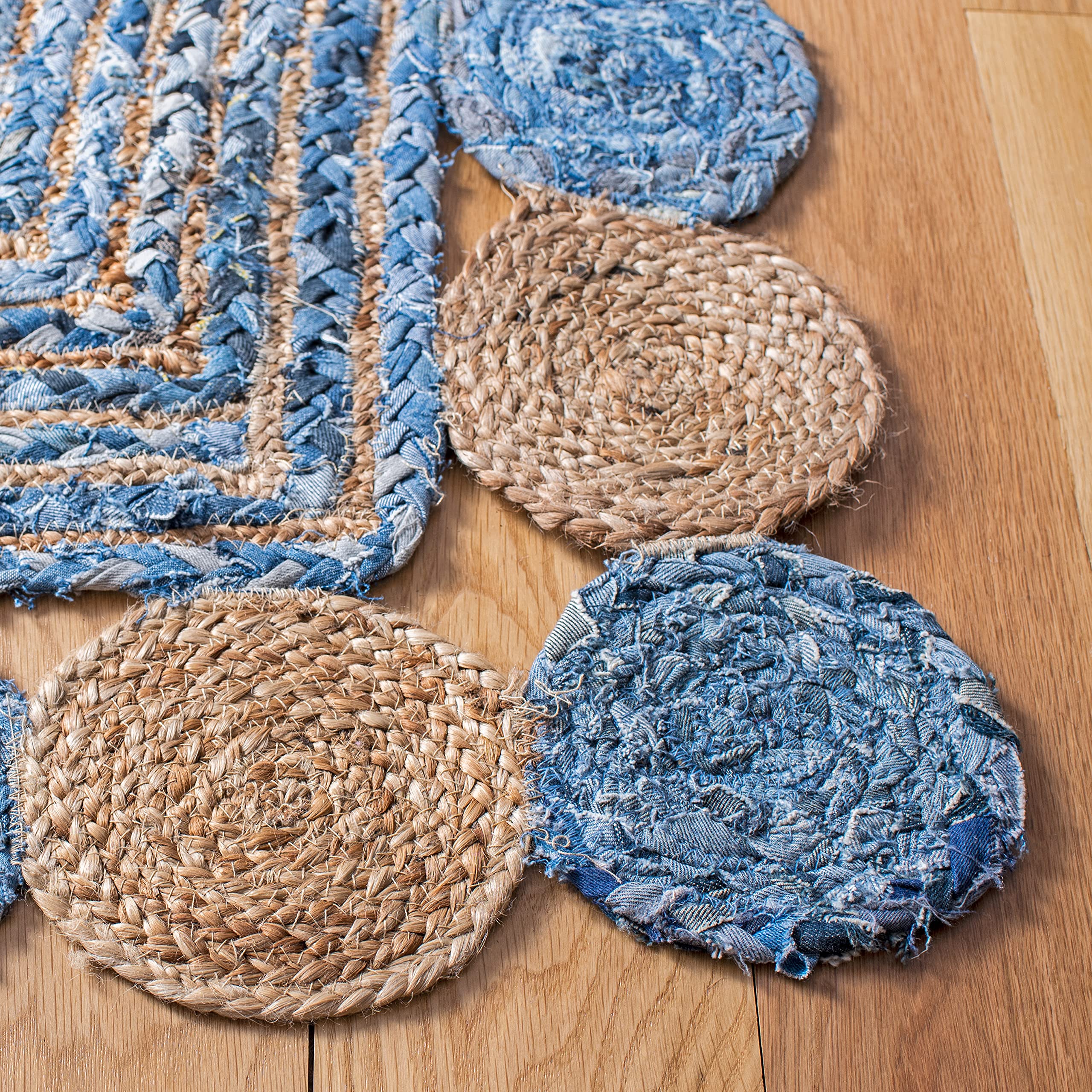 SAFAVIEH Cape Cod Collection 4' Round Blue/Beige CAP201C Handmade Boho Braided Jute & Cotton Entryway Foyer Living Room Bedroom Kitchen Area Rug