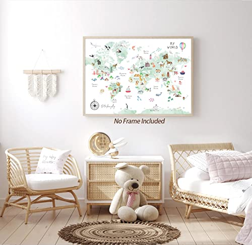 Joocrise Green Kids World Map Wall Art Animal Map Canvas Wall Art Educational Wall Art Nursery Wall Decor World Map Poster Childrens Room Decor Playroom Prints 16x24 Inch Unframed
