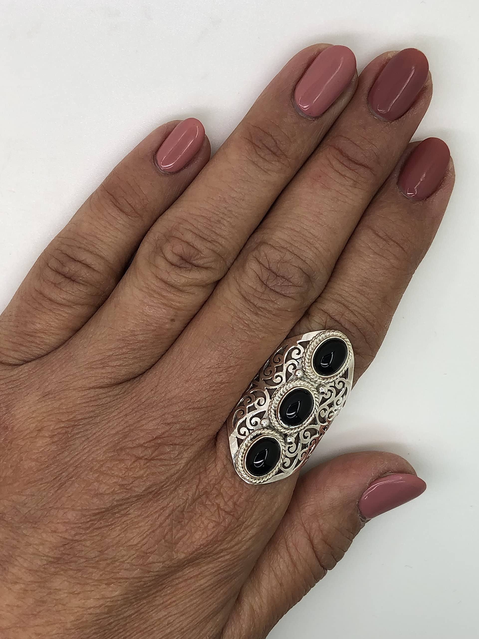 Black Onyx Lace Ring 925 Sterling Silver Vintage Tribal Gypsy Boho Look US Size 7 8 9 (9)