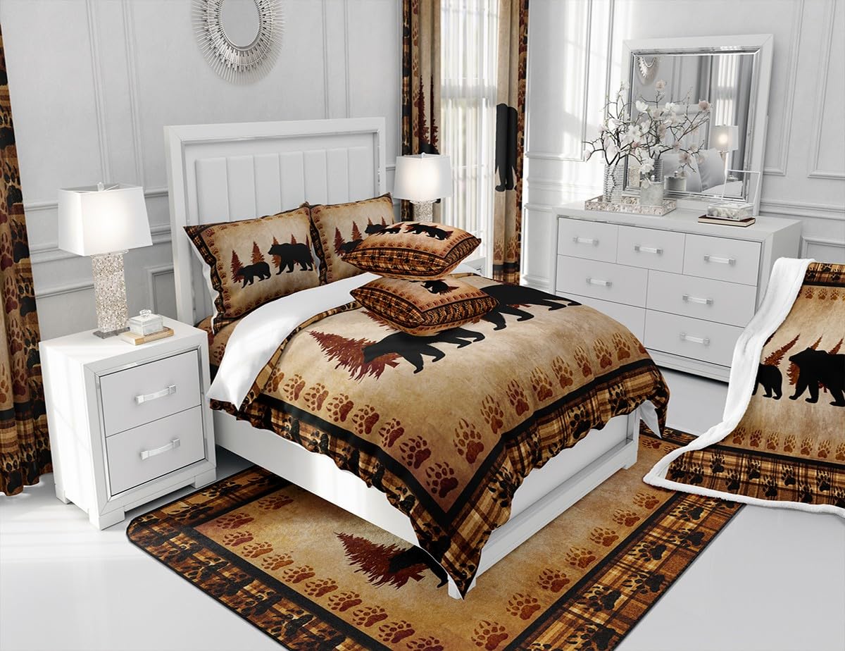 Feelyou Kids Bear Comforter Set Rustic Cabin Country Bedding Set Twin Size for Boys Girls Teens Rust Bear Comforter Wild Animal Brown Duvet Set with 1 Pillow Case