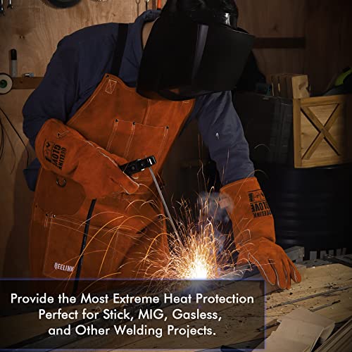 QeeLink Welding Gloves - Heat & Wear Resistant Lined Leather and Fireproof Stitching - For Welders/Fireplace/BBQ/Gardening, 16-Inch