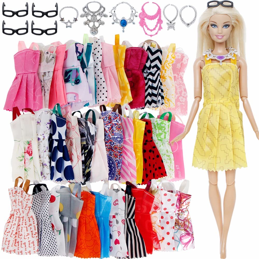 FUB 20 Pcs = Random 10x Mixed Style Mini Dress + 6X Plastic Necklaces + 4X Black Glasses Clothes for Accessories Toy