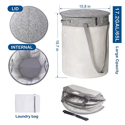 Laundry Hamper with lid, TEAYINGDE Laundry Basket with Handles Freestanding, Waterproof Folding Washing Bin, Collapsible Round Clothes Hamper for Bathroom Bedroom Dorm Organization Storage Grey