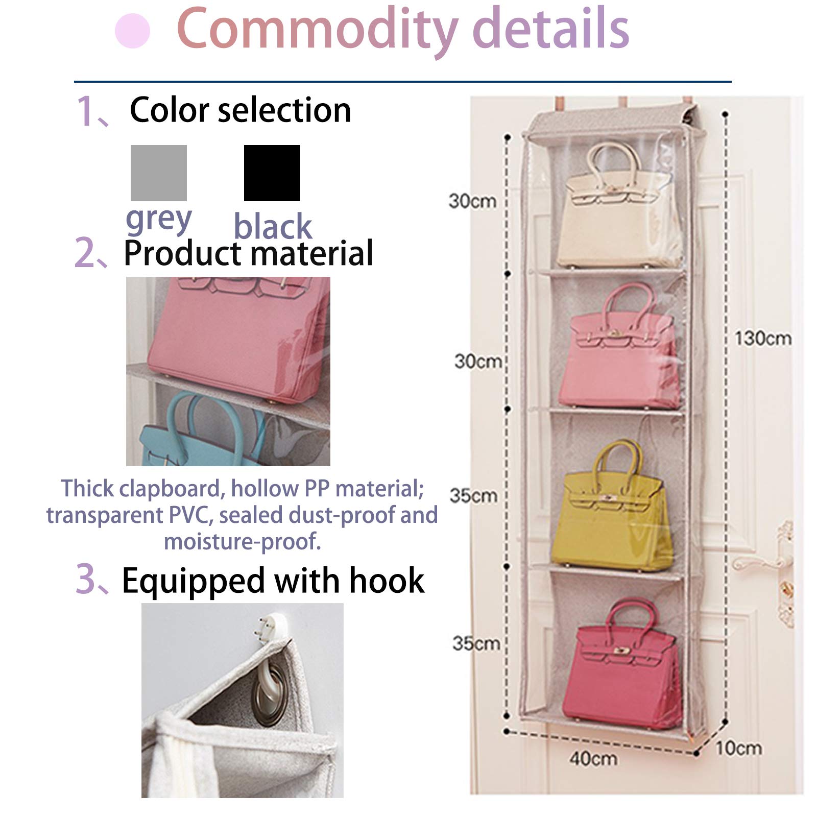 Handbag Organizer Storage Purse Bag Hanger with 4/5 Easy Access Deep Pockets Fully Sealed with Zipper dust-Proof for Closet Wall…(Gray, 4 Pockets)
