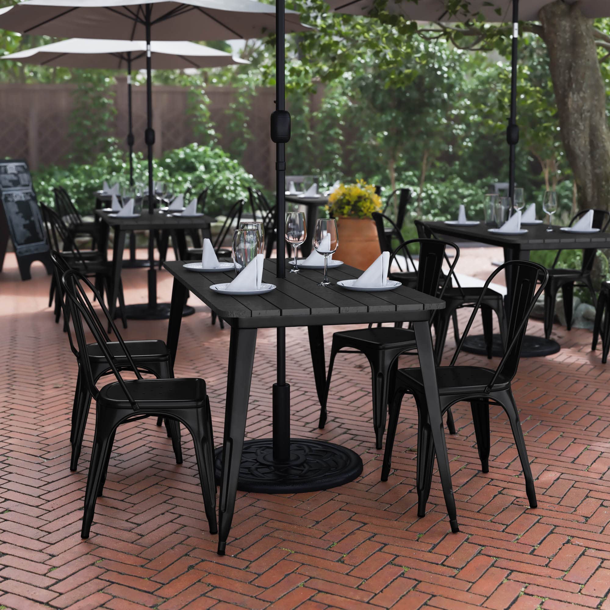 Flash Furniture Declan Commercial Outdoor Dining Table with Umbrella Hole, All Weather Poly Resin Top and Steel Base, 30" x 60", Black/Black