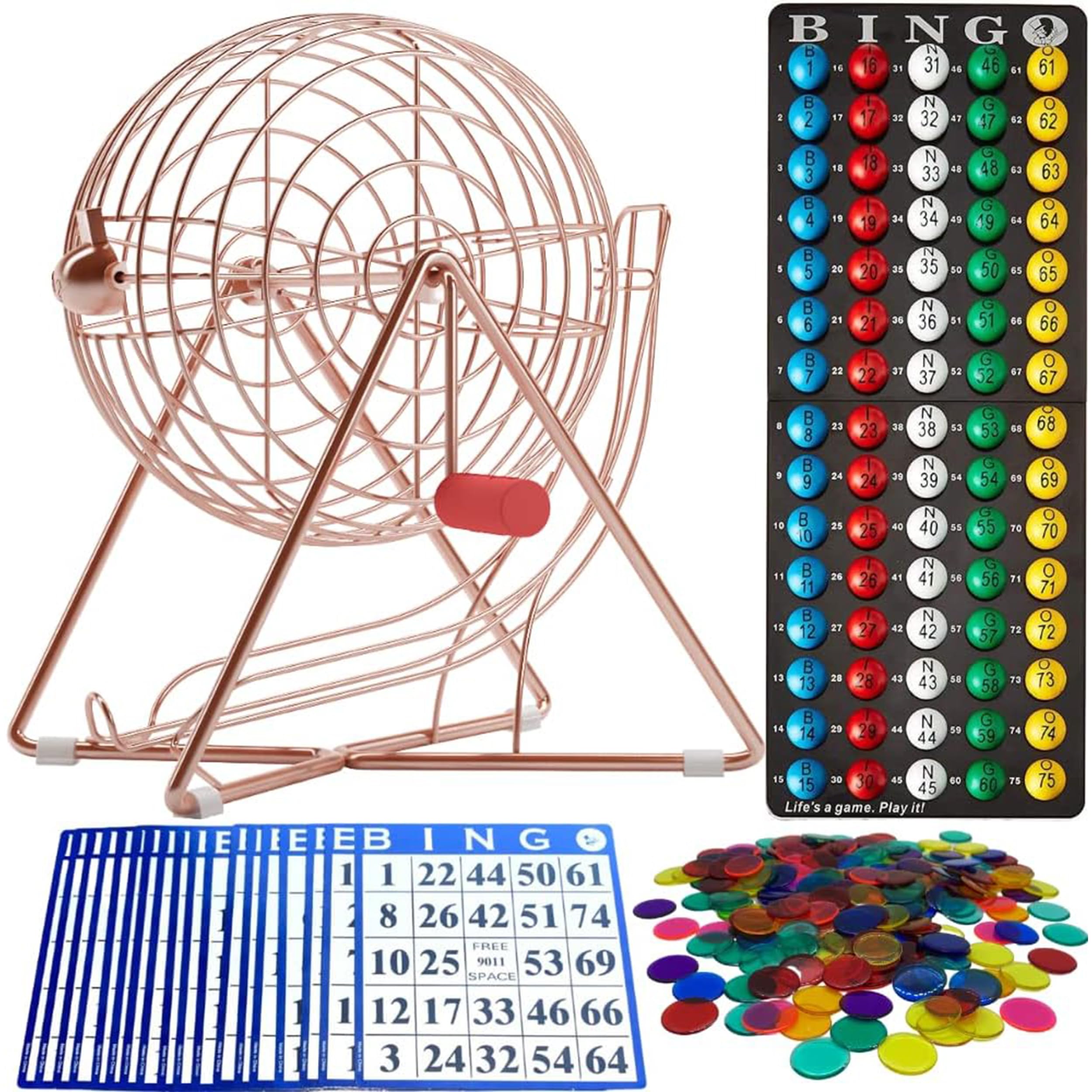 MR CHIPS 11" (Inch) Tall Professional Bingo Set with Steel Bingo Cage, Everlasting 7/8” Bingo Balls, 18 Bingo Cards and 300 Bingo Chips - Rose Gold Color