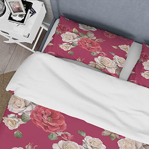 DESIGN ART Designart 'White Roses Pattern On Red Background' Traditional Duvet Cover Set King