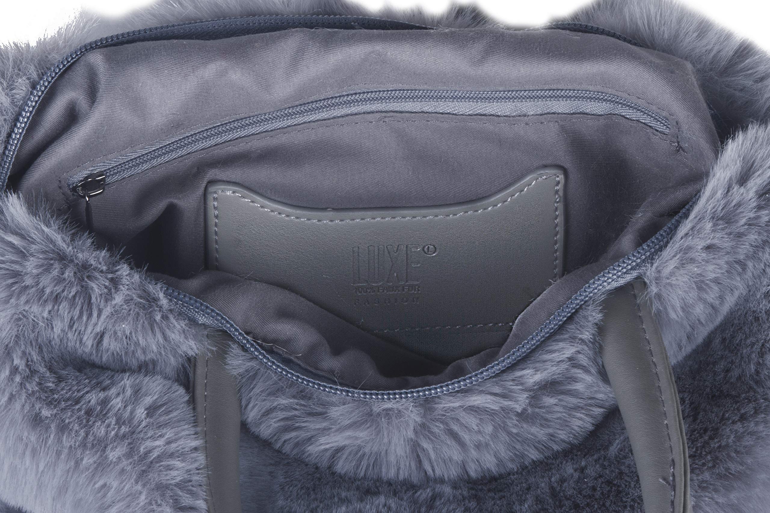 Luxe L 100% Faux Fur Bowler Bag for Women Soft Modern Top-Handle Handbag with Detachable and Adjustable Faux-Leather Strap, Grey