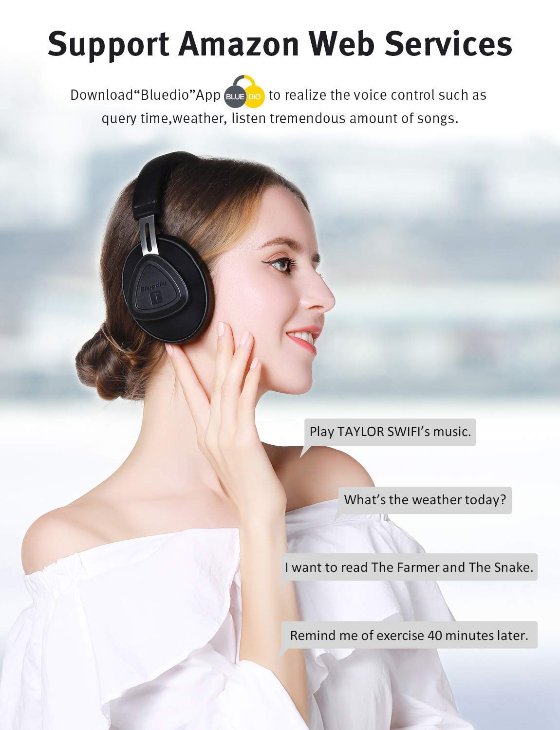 Bluedio TM Bluetooth Headphones Over Ear with Mic, Voice Control Hi-Fi Stereo Wireless Headset Supports Amazon Web Services (AWS) for Travel Work Cellphone, Black