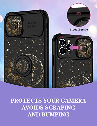 Goocrux (2in1 for iPhone 12 Pro Max Case Sun Moon Stars for Women Girls Cute Space Phone Cover Fashion Golden Star Print Design with Slide Camera Cover+Ring Holder Cases for iPhone 12 ProMax 6.7''