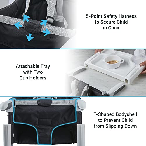 Little One Portable High Chair for Travel for Babies and Toddlers with 5-Point Harness and Tray β Baby Seat for Dining Table, Counter Height, Restaurant, Camping β Foldable and Compact (Black)