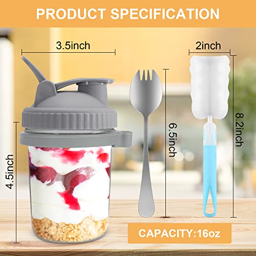 DNANAOL Overnight Oats Containers with Lids - 16 oz Overnight Oats Jars Set of 4, Reusable Yogurt Mason Jars with Lids & Spoons, Large Capacity Airtight Jars for Milk, Cereal, Fruit To Go Containers