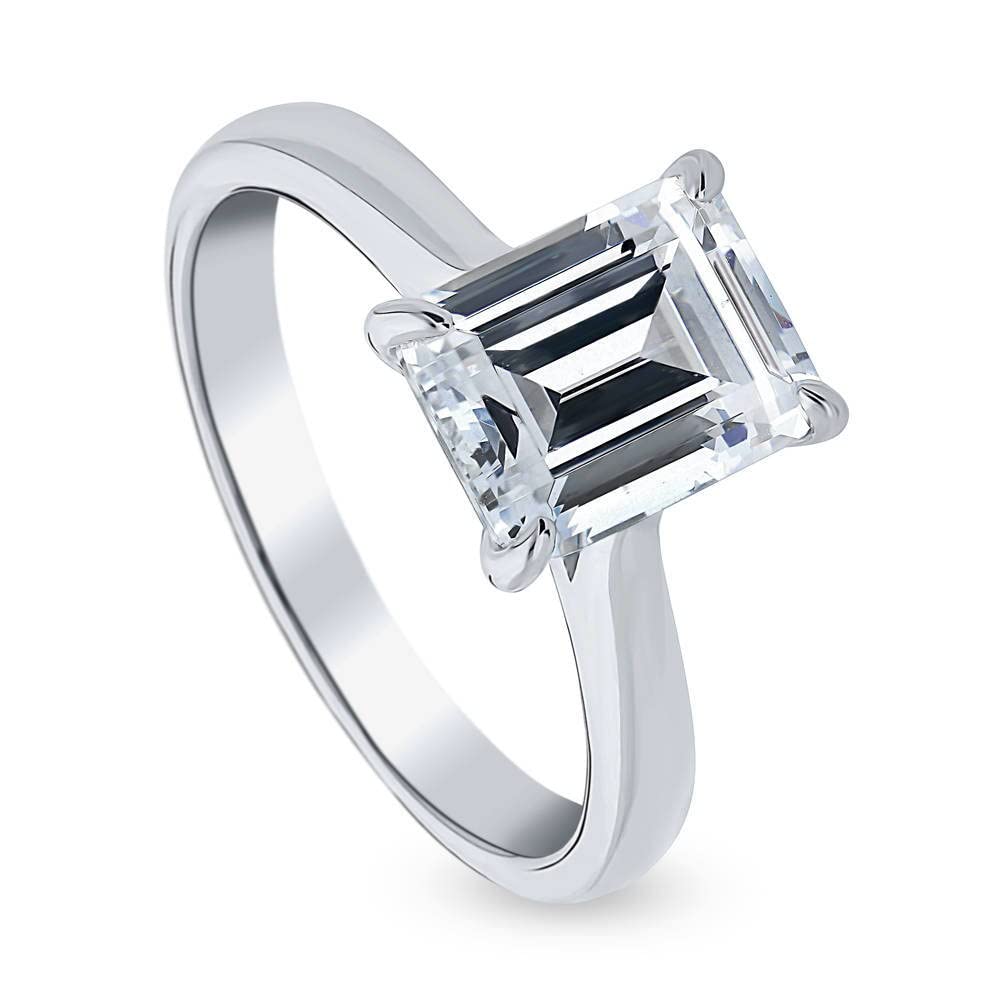 BERRICLE Sterling Silver Solitaire Wedding Engagement Rings 2.6 Carat Emerald Cut Cubic Zirconia CZ Promise Ring for Women, Rhodium Plated Size 7