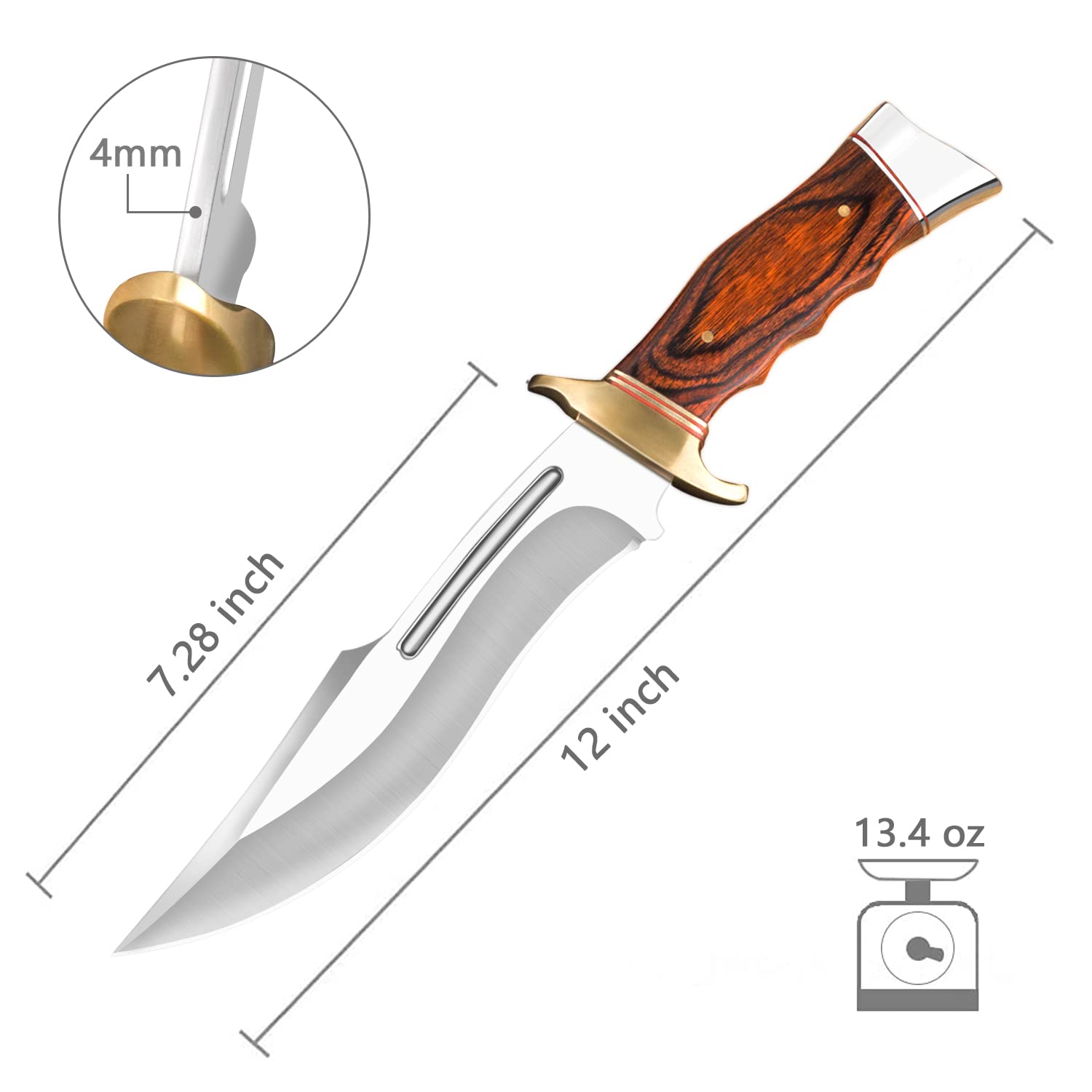 Bowie Knife with Sheath Full Tang Fixed Blade Hunting Knife 12 inches, Knife for Tactical, Survival, Camping, Christmas Gift