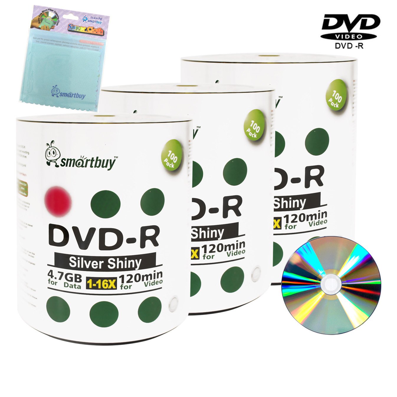 Smartbuy 300-disc 4.7GB/120min 16x DVD-R Shiny Silver Blank Media Record Disc + Free Micro Fiber Cloth