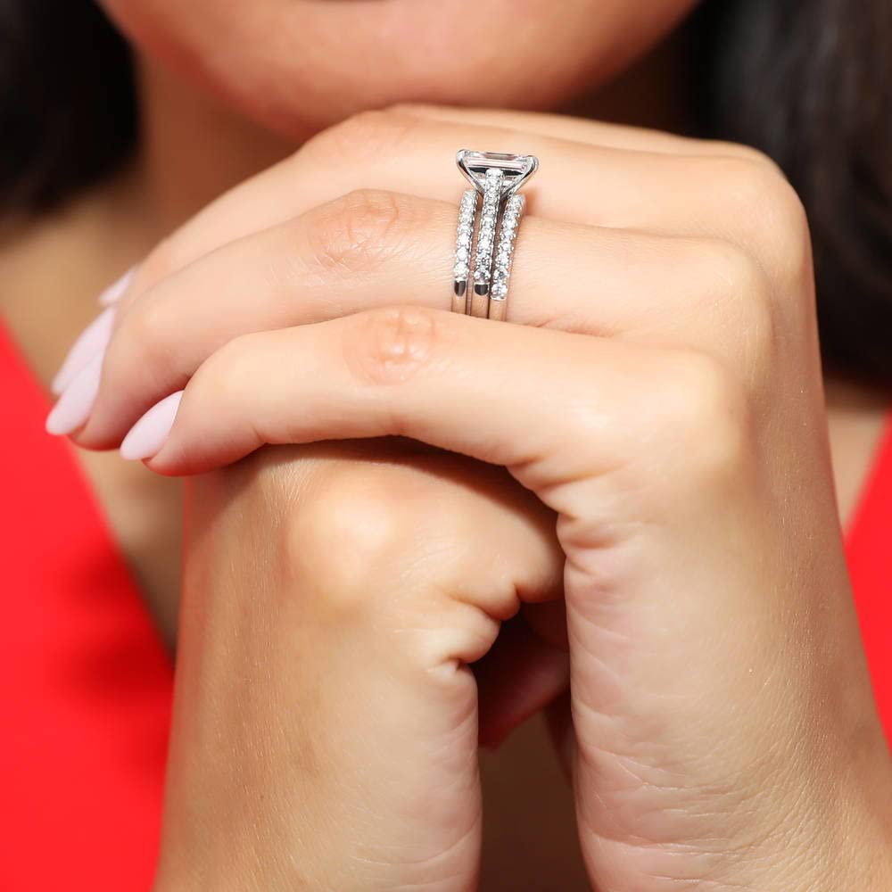 BERRICLE Sterling Silver Solitaire Wedding Engagement Rings 2.6 Carat Emerald Cut Cubic Zirconia CZ Ring Set for Women, Rhodium Plated Size 7.5