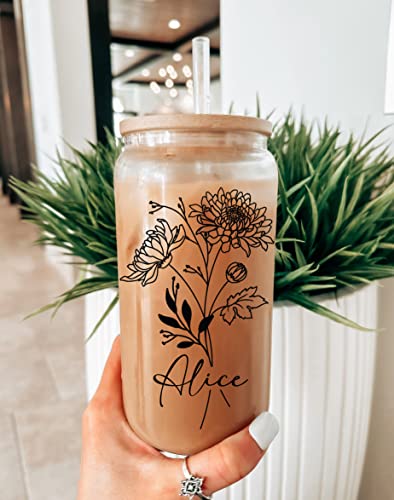 Personalized Name Glass Cup with Birth Flower, Custom Ice Coffee Bridesmaid Gift for Her, Friend, Birthday, Bachelorette Party, Customized Aesthetic Boho Floral Beer Can Tumbler Bamboo Lid Straw