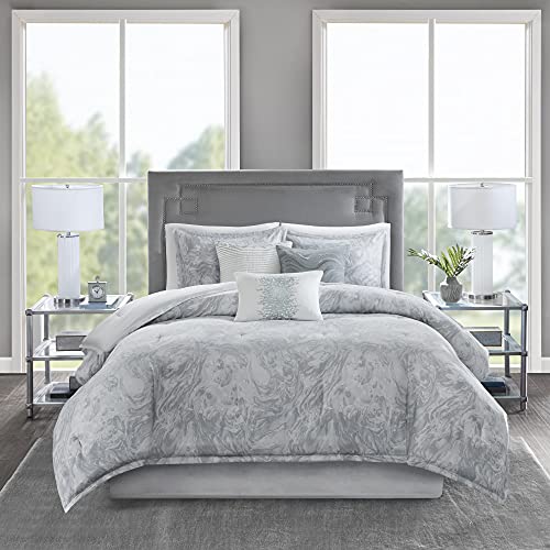 Madison Park Emory Cozy Cotton Comforter Set, Modern Marble Design All Season Down Alternative Casual Bedding with Matching Shams, Decorative Pillows, Queen(90"x90"), Grey 7 Piece