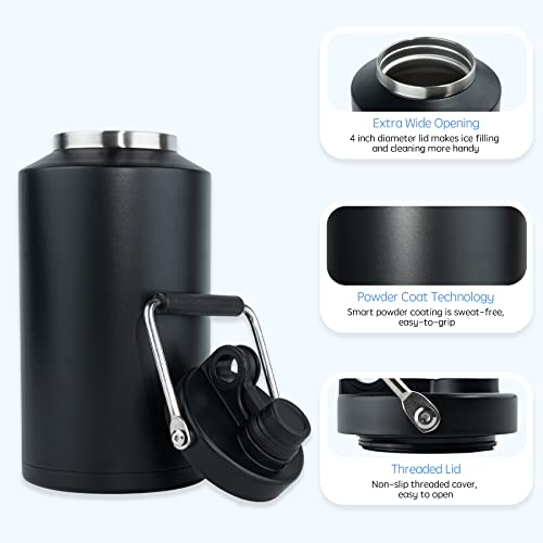 Kerilyn Insulated Gallon Jug with Handle, One Gallon, 128oz Stainless Steel, Large Double Vacuum Water Bottle for Hot & Cold Drinks, Wide Mouth, Sweat Proof, Great for Travel, Hiking & Camping, Black
