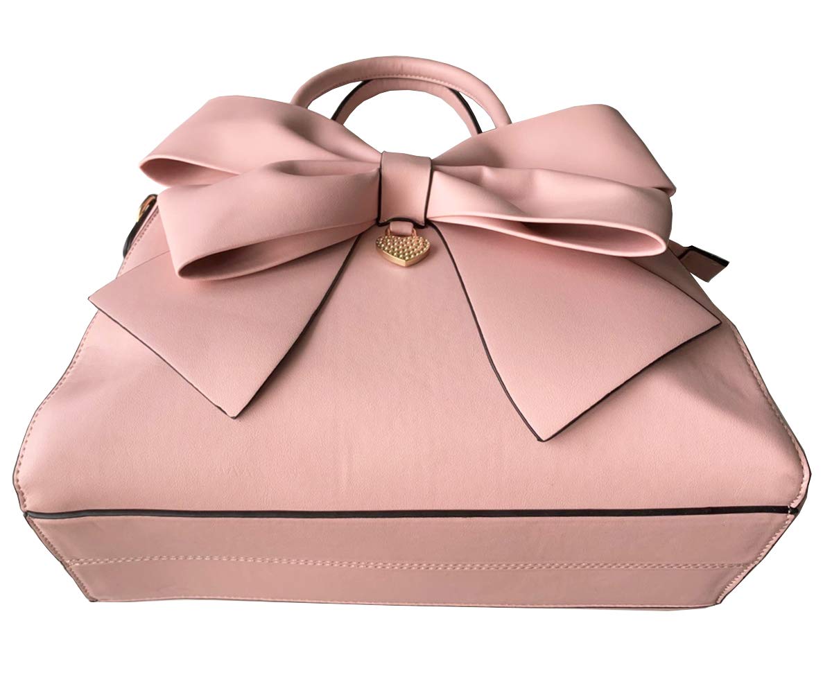 Rullar Women 2Pcs Handbag Set Bow-Knot Satchel Top-handle Crossbody Bag Tote Wallet Purse with Heart Pendant Pink
