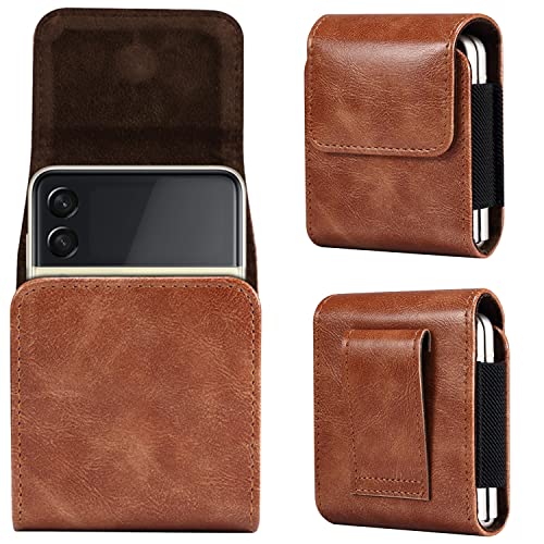 LBYZCASE Phone Holster with Belt Clip for Samsung Galaxy Z Flip 5/4/3,Leather Pouch with Magnetic Closure Flap for Motorola RAZR Series,Galaxy Z Flip/Z Flip 3/Z Flip 4/Z Flip 5 5G (Brown)