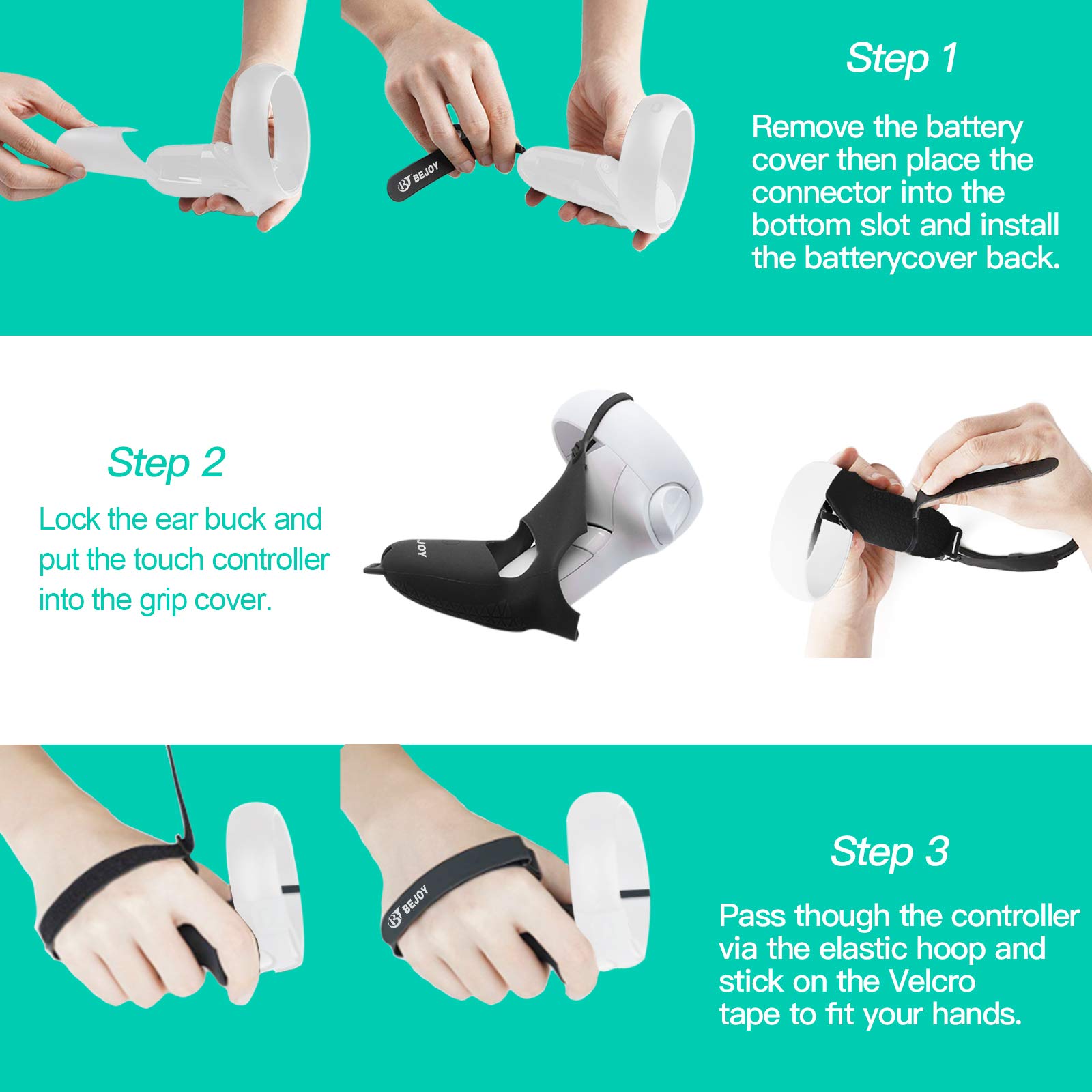BEJOY Oculus Quest 2 Touch Controller Grip Cover with Knuckle Strap, Touch Controller Grip Protective Sleeve, Adjustable Knuckle Strap, Sweat-Proof, Non-Slip, Black