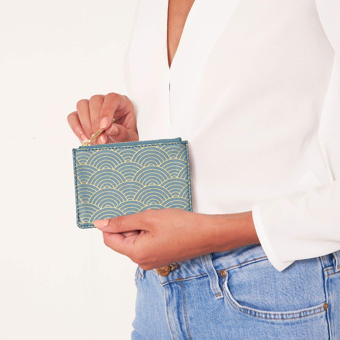 KATIE LOXTON Wave Print on Metallic Blue Womens Small Vegan Leather Zippered Card Holder Wallet