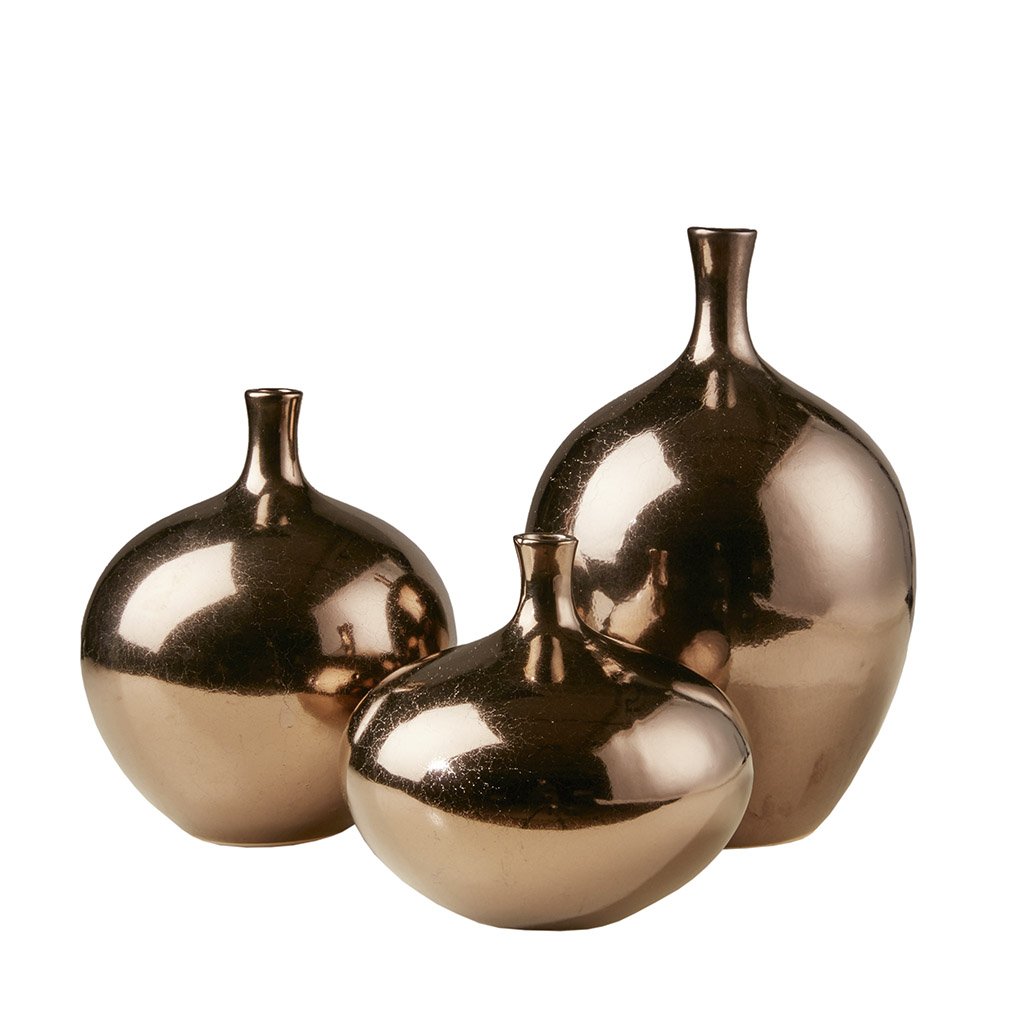 Madison Park Signature Ansen Ceramic Handmade Vase Set Home Décor - Metallic Accent Living Room Decoration Ideal for Shelf, Side Table, Mantle Ornaments, Multi Size, Bronze 3 Piece
