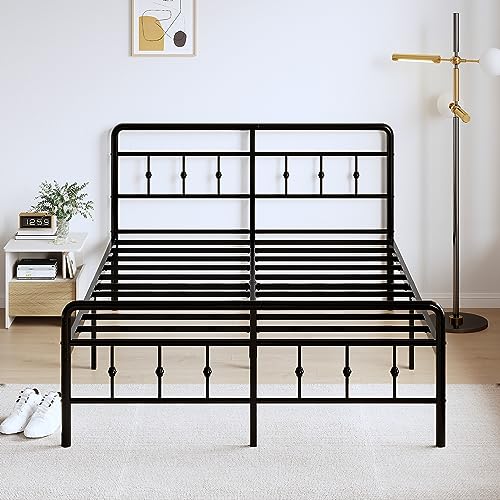 DiaOutro Classic Metal Platform Queen Bed Frame with Headboard and Footboard, 16 Inch No Box Spring Needed Heavy Duty Victorian Style Iron-Art Mattress Foundation/Under Bed Storage