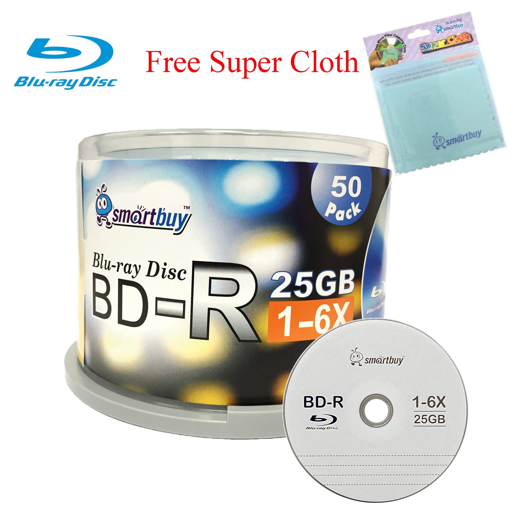 Smartbuy 50-disc 25GB 6X BD-R Blu-Ray Logo Top Blank Media Record Disc + Free Micro Fiber Cloth