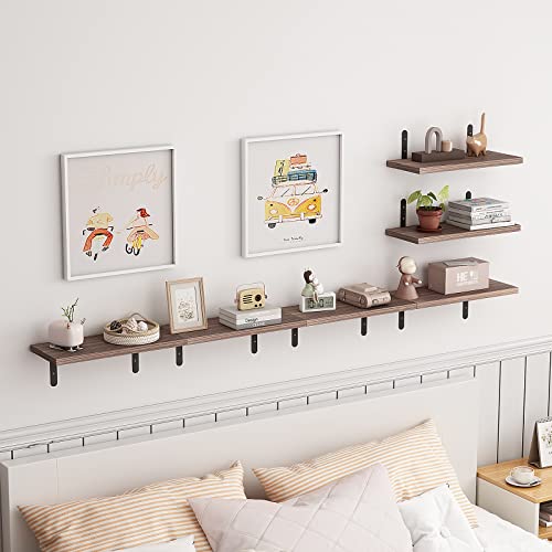 Fixwal Floating Shelves, Rustic Wood Wall Shelves Set of 6, Shelves for Wall Decor, Farmhouse Style for Bedroom, Living Room, Kitchen, Bathroom, Office and Plants (Dark Carbonized Black)
