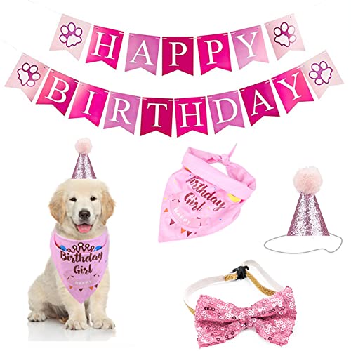 Dog Birthday Party Supplies-Dog Birthday Set with Dog Bandanas,Dog Hat,Dog Collar and Birthday Banner,Dog Party Decorations for Small Medium Large Dog Pet. (Pink)