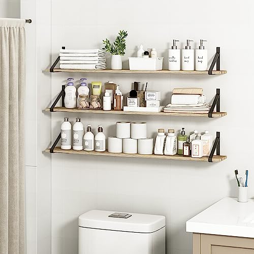 Fixwal Floating Shelves, 36 Inch Wall Bookshelf Set of 3, Large Floating Book Shelves for Wall Decor, Rustic Wood Wall Storage Shelves for Bedroom, Living Room, Kitchen, Bathroom (Carbonized Black)