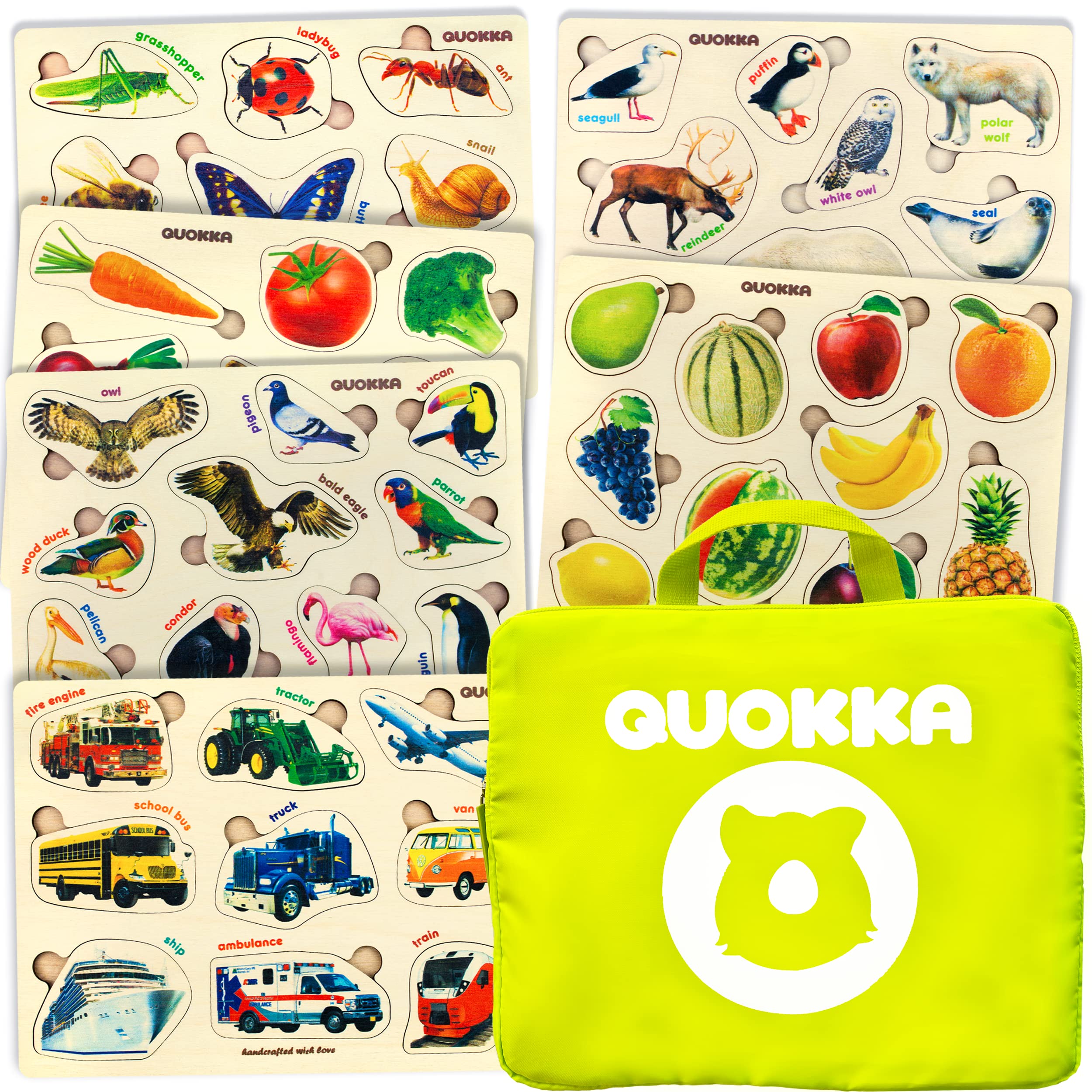 QUOKKA Toddler Puzzles Ages 2-4 in a Bag – 6 Montessori Wooden Puzzles for Toddlers 3-5 Year Old – Preschool Wood Game for Boys and Girls 4-6 – Gift for Learning Realistic Animals Fruits Vehicles