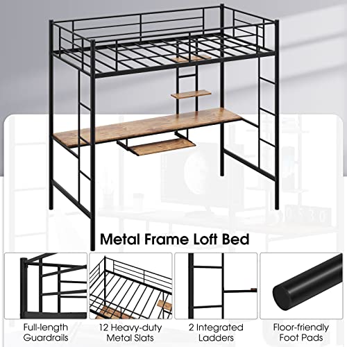 Giantex Twin Loft Bed with Desk and Bookcase, Metal Bunk Bed Frame w/Guardrail & Bilateral Ladder for Kids Teens Adults, Space-Saving Loft Bed with Keyboard Tray, No Box Spring Needed, Black