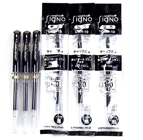 Uni-Ball Signo Broad Point Gel Impact Pen Black Ink (UM153.24), 3 pens + Refill (UMR10.24)Ć3 Packs/total 3 Refills Set (Japan Import)