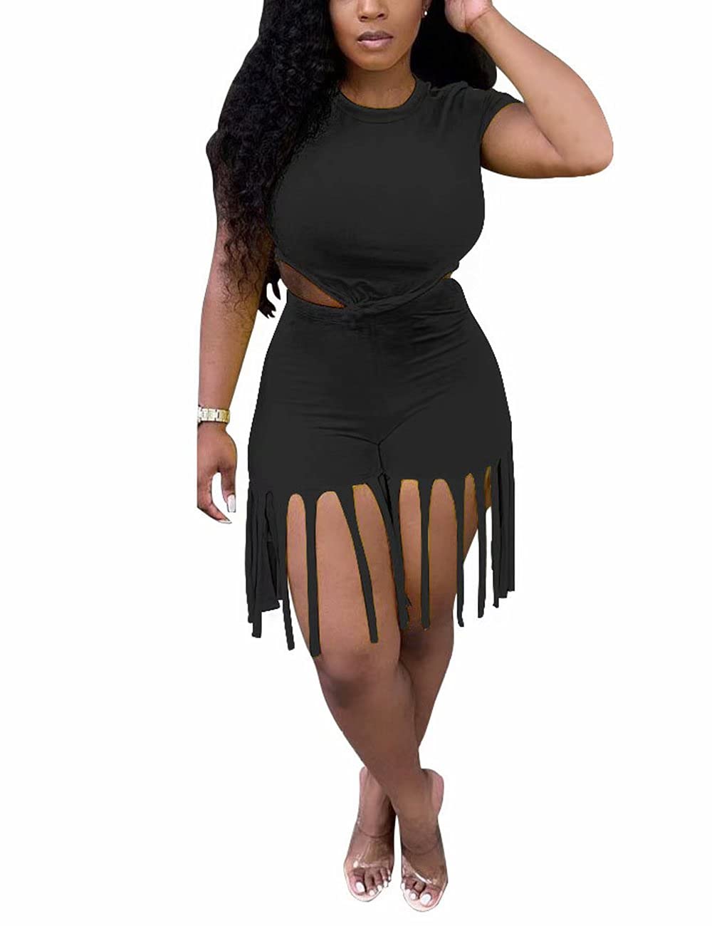 Bluewolfsea Women's Cute Two Piece Outfits Short Sleeve Shirt Top and Tassel Bodycon Shorts Tracksuit Medium
