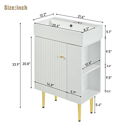 JUOFONE 21.6" White Bathroom Vanity with Sink Combo, Modern Bathroom Cabinet with Door, Freestanding Single Bathroom Vanity Set with Open Shelves (White_ Shelf on The Right)
