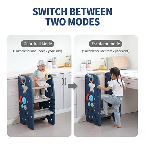 UNICOO –Kids Kitchen Step Stool with Double Safety Rails, Toddler Learning Stool with 3 Adjustable Heights and Non-Slip Foot Pads, Toddler Tower for Kitchen Countertop and Bathroom (OMLT-Dark Blue)