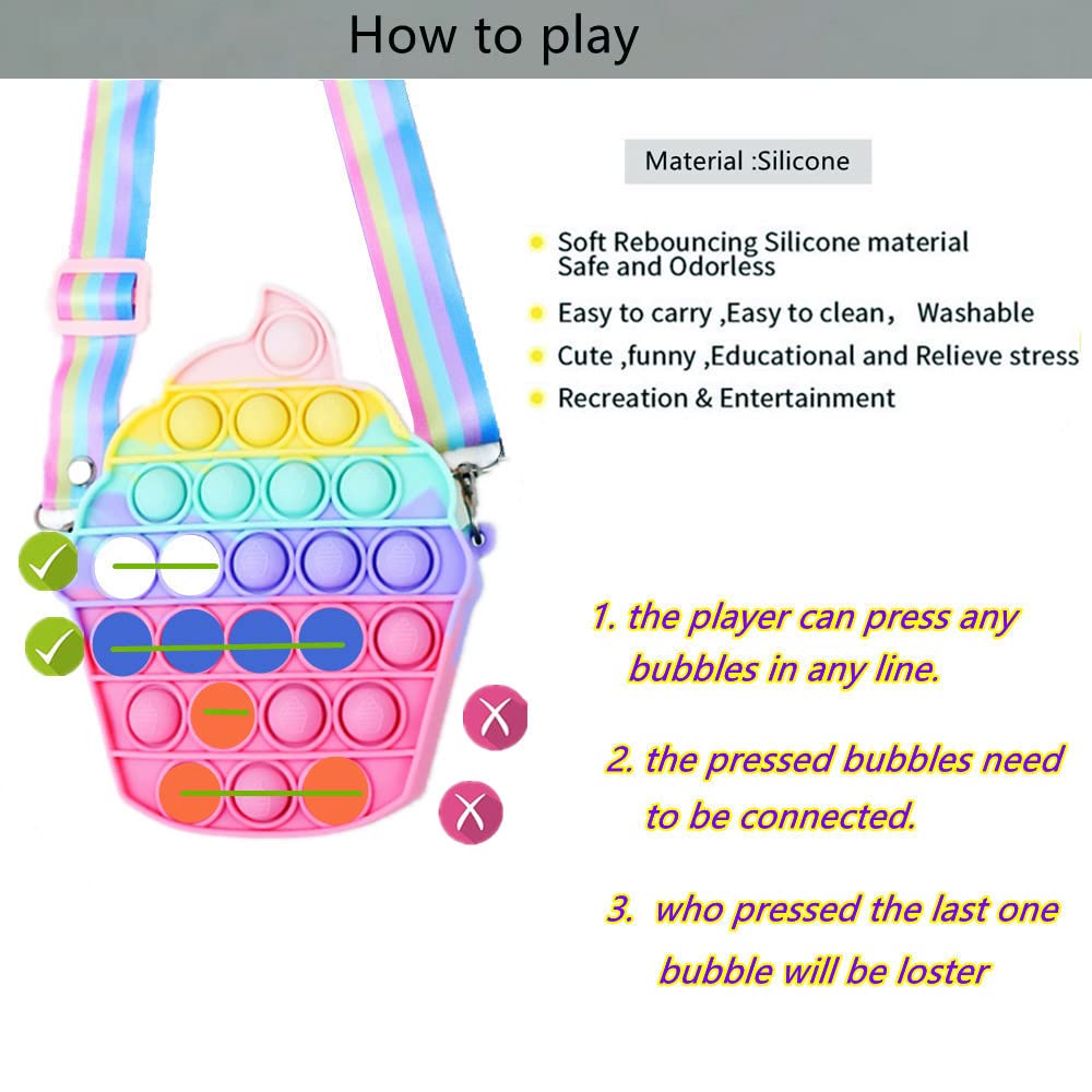Pop purse bag for Girls, 2 in 1 Poppet Bag fidget Toy with Adjustable Shoulder Strap Length, Silicone Crossbody Small Purse Gift for Kids (Cup Cake)