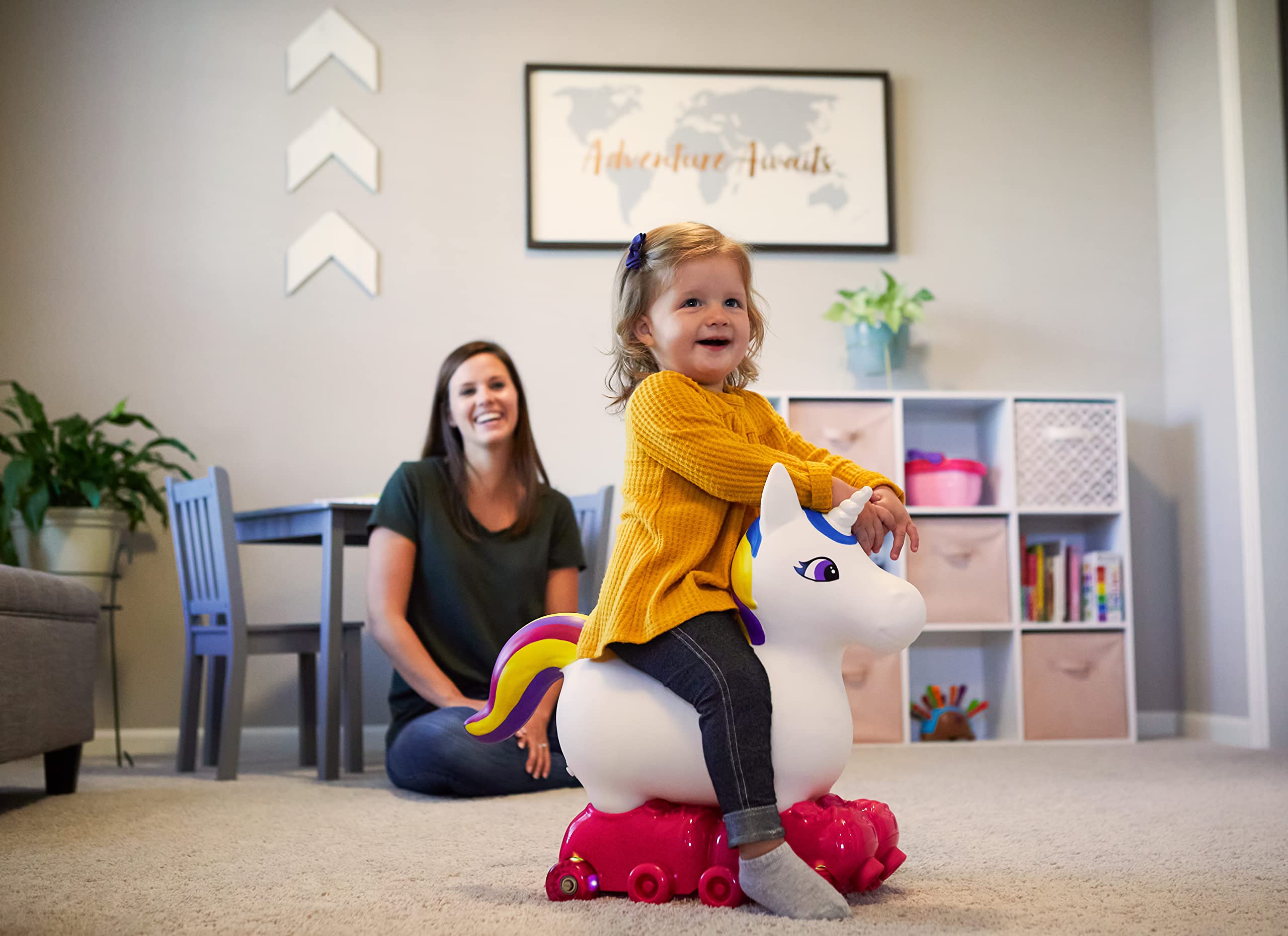 Kid Trax Silly Skaters Unicorn Toddler Foot to Floor Ride On Toy, Kids 1-3 Years Old, Soft and Inflatable, Single Rider, Light Up LED Rollerskates, White (KT1590)
