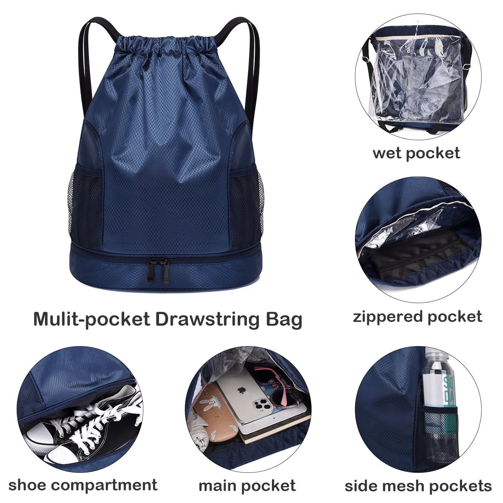 BONVEN Drawstring Backpack Sports Gym Drawstring Bags for Women Men Water Resistant String Backpack with Side Mesh Pockets Shoe Compartment