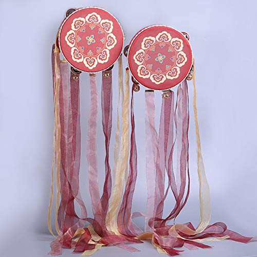 Hanfu Hand Drum with Red Ribbon Retro Tambourine Ancient Accessories Hand-Held Ribbon Drum