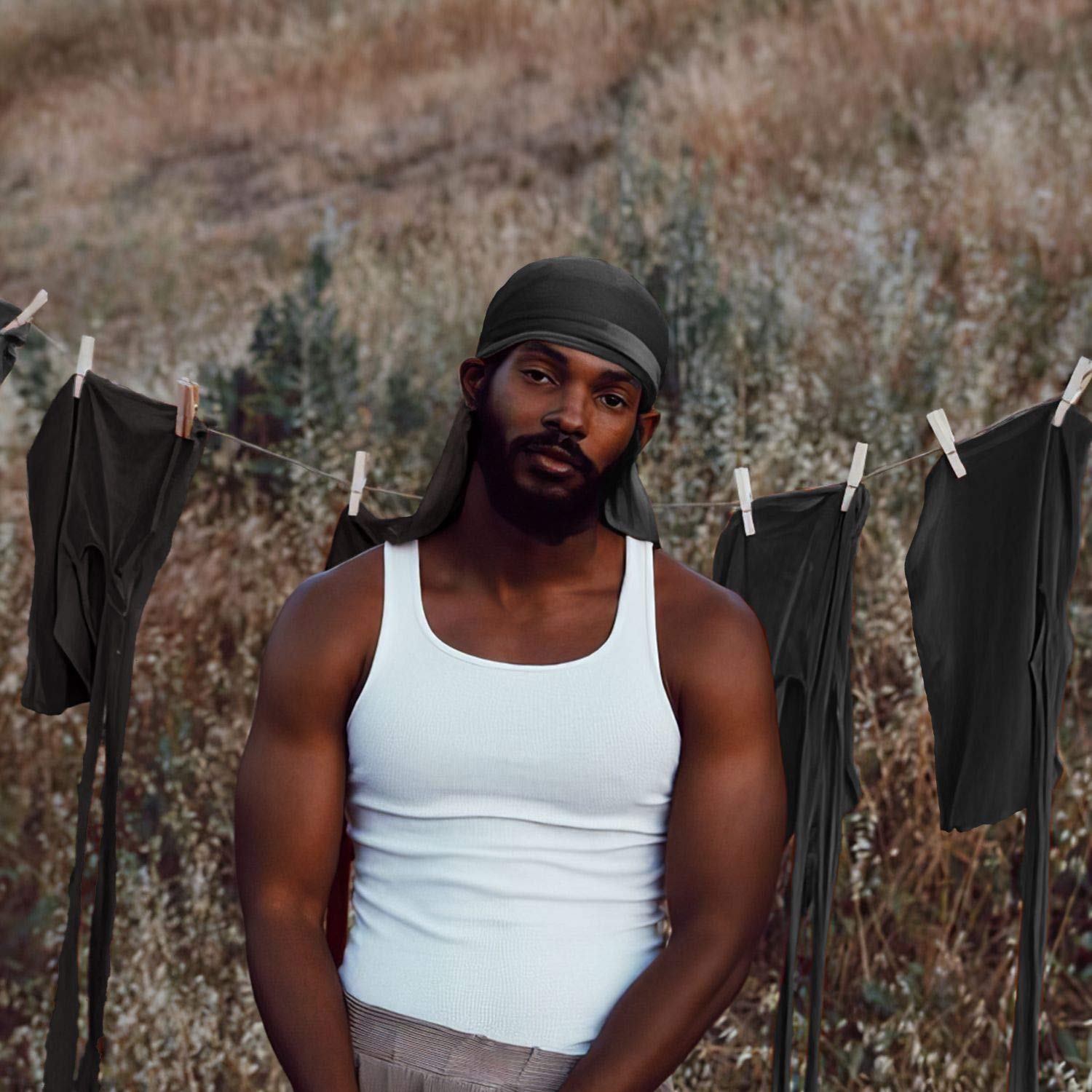 Black Silky Durag Pack - SupGene 4Pcs Black Silk Durag for Men Women with Silky Wave Cap, Satin Headwraps Set