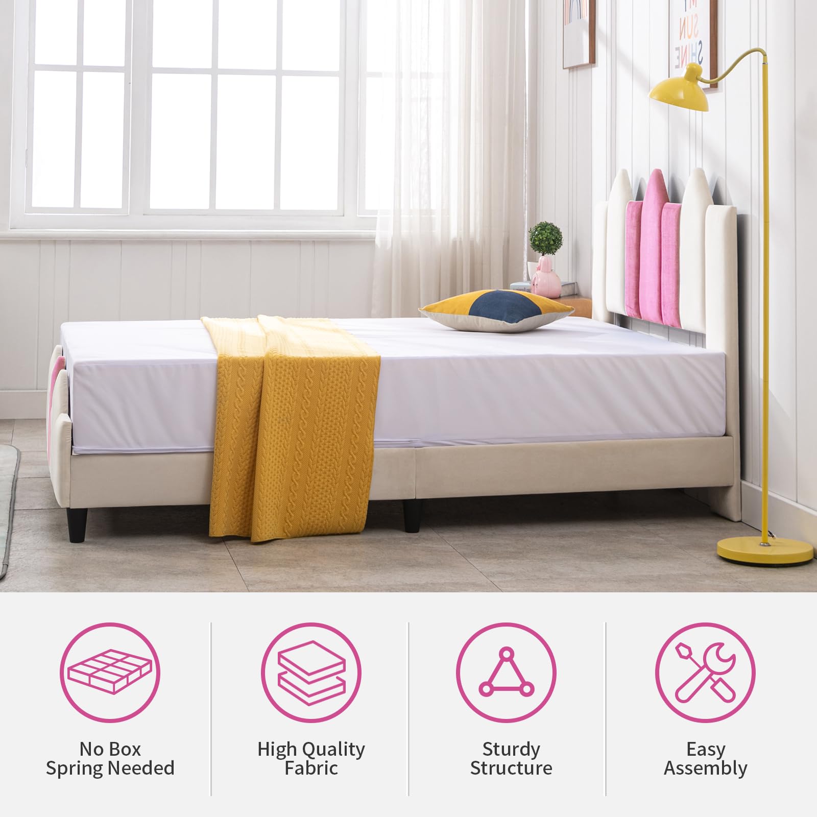 Mixoy Twin Size Kids Bed Frames,Upholstered Twin Platform Bed Frame for Children with Headboard,Toddler Bed for Girls, Teens,No Box Spring Needed, Easy Assembly(Pink/White,Twin)